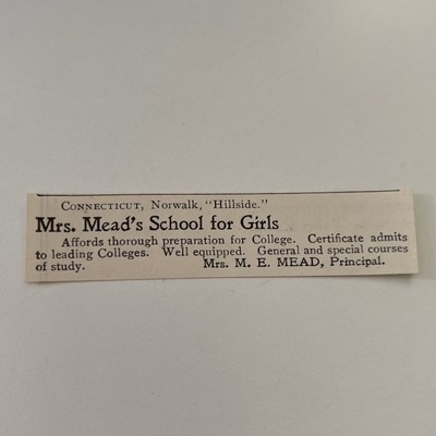 Mrs. Mead's School for Girls Hillside Mrs. M. E. Mead Norwalk CT 1906 ...