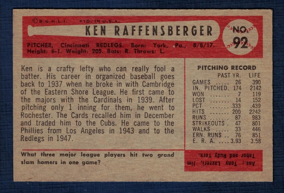 1954 Bowman Ken Raffensberger #92 Cincinnati Reds EXMT | eBay