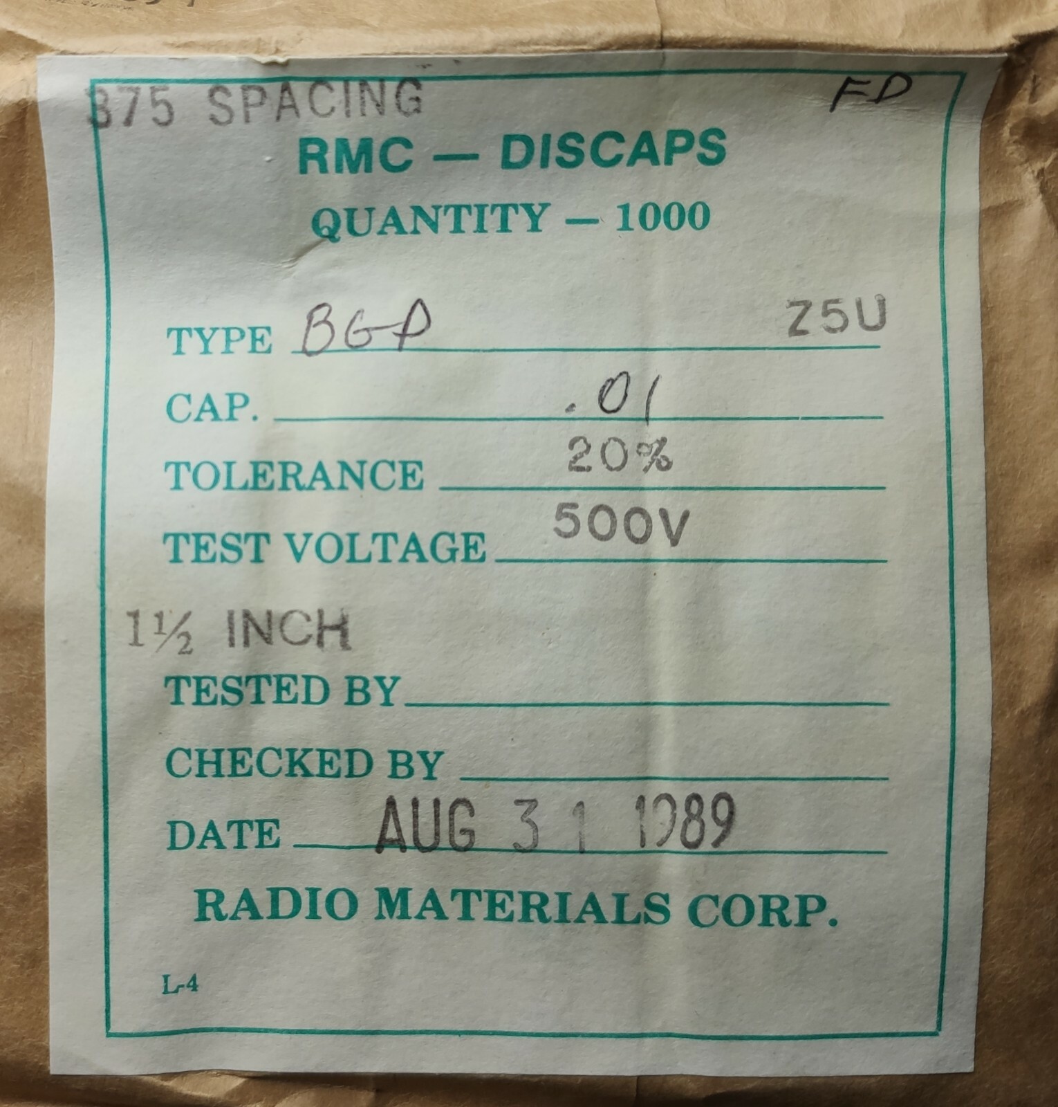 Lot of 4 RMC Ceramic Capacitors RMC BGP 0.01uF 500V Z5U Pitch 0.375" | eBay