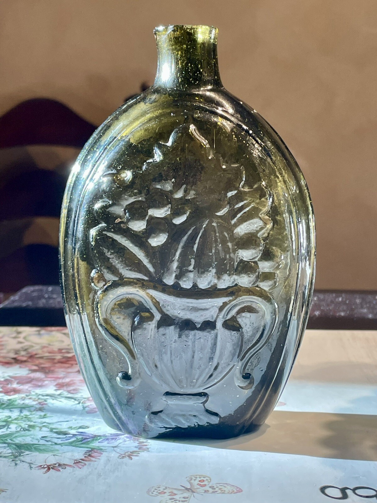 ANTIQUE CORNUCOPIA/URN WITH FRUITS OLIVE GREEN FLASK/BOTTLE 6 3/4 TALL ...