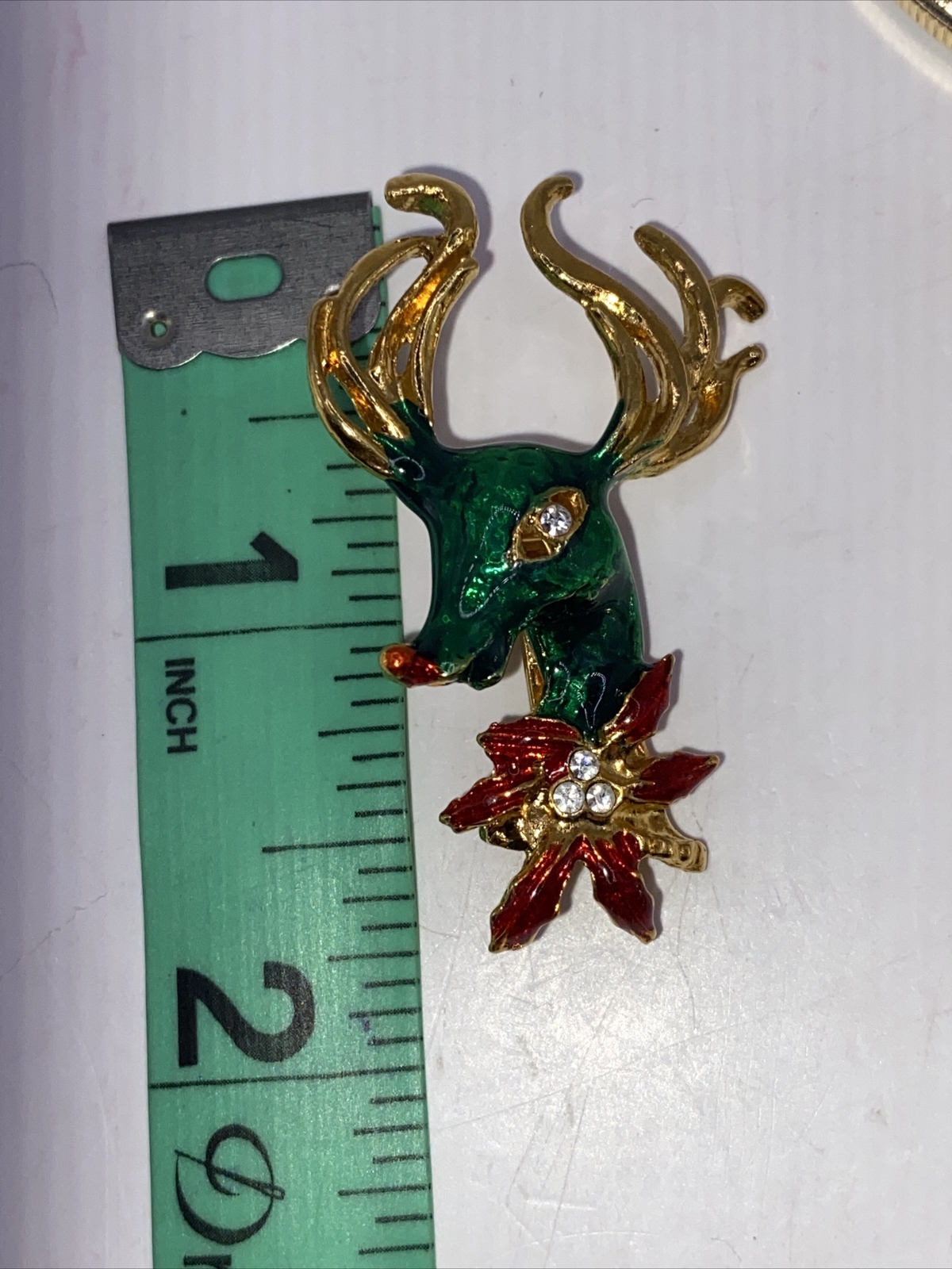 Christmas Brooch Pin reindeer Rudolph enamel gold tone Rhinestones B7C ...