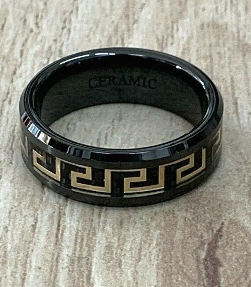 8mm Men's Aztec Love Ceramic Greek Key Gold Plated Holiday Wedding Band ...