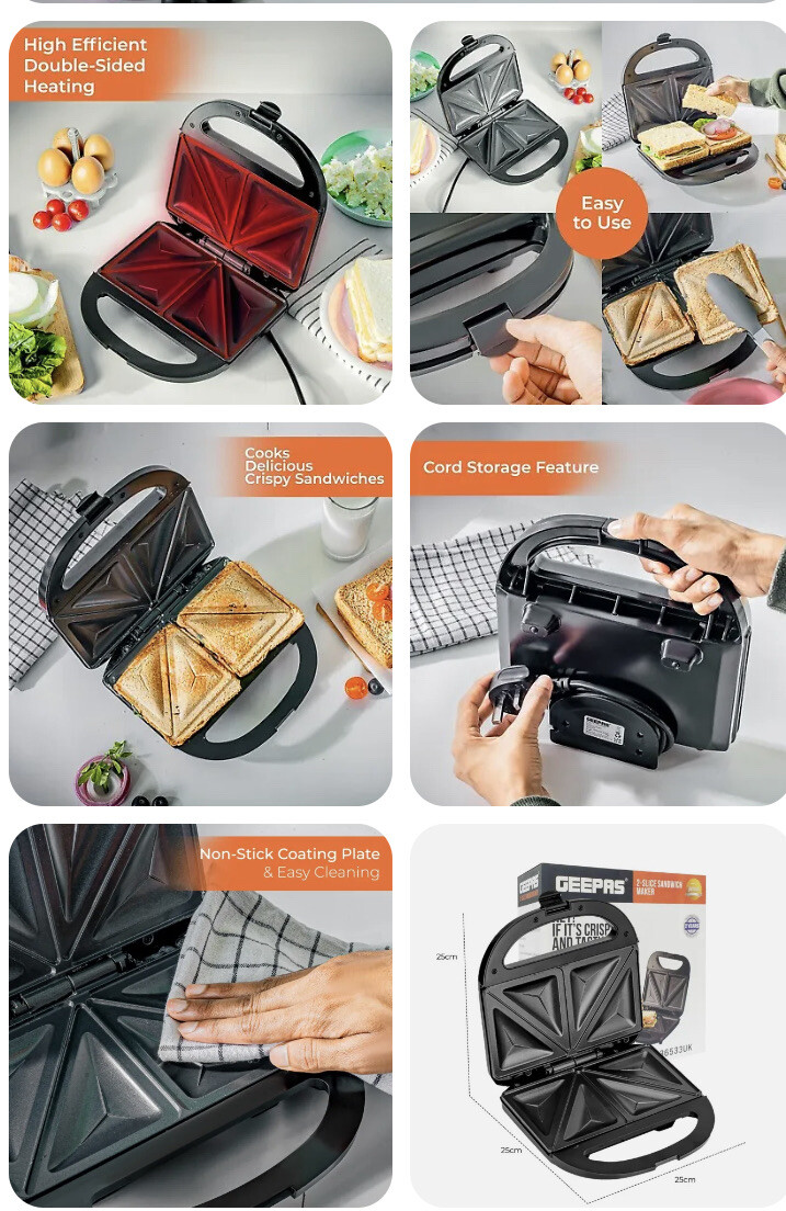 Toastie Maker 2 Slice Sandwich Toaster Machine Non-Stick Easy Clean ...