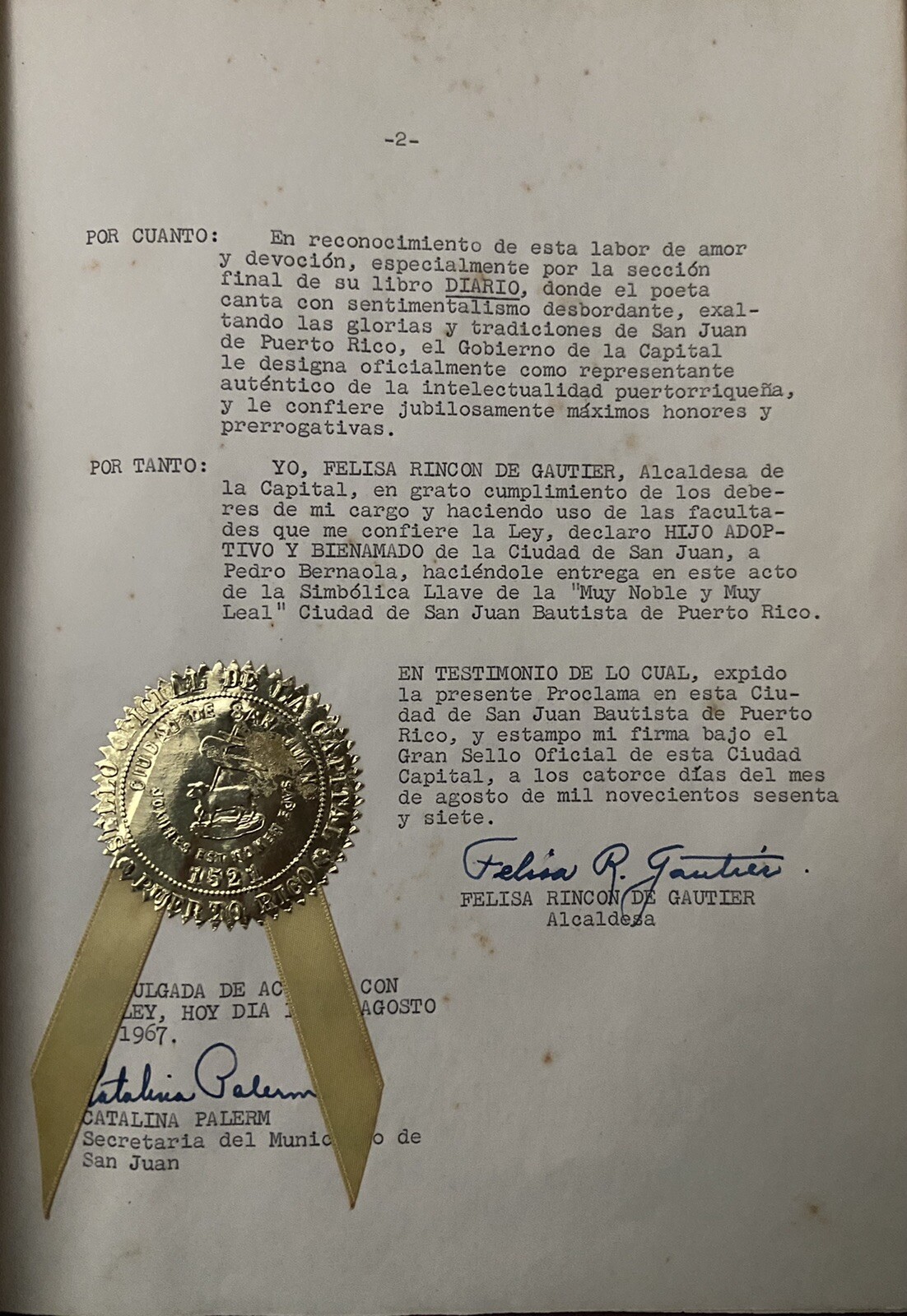 Felisa Rincón de Gautier, Mayor of San Juan (1947-1969) Signed Official ...