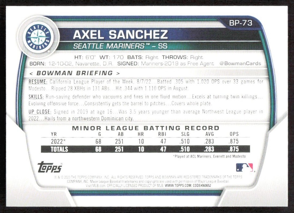 2023 9858B Bowman Prospects Axel Sanchez Seattle Mariners #BP-73 | eBay