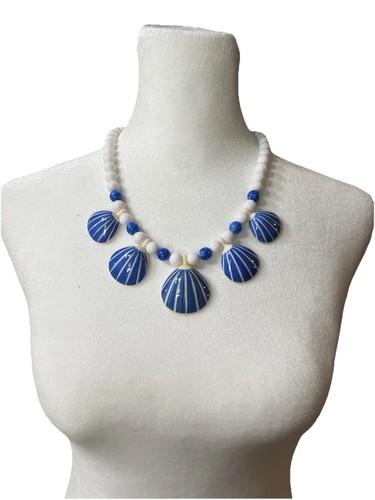 Vtg Necklace Statement Unsigned AVON Blue White Beads Seashells Nautical Beach | eBay