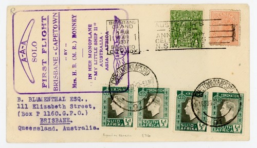P50/42 AUSTRALIA FIRST FLIGHT COVER MRS BONNEY AUSSIE & SOUTH AFRICA ...