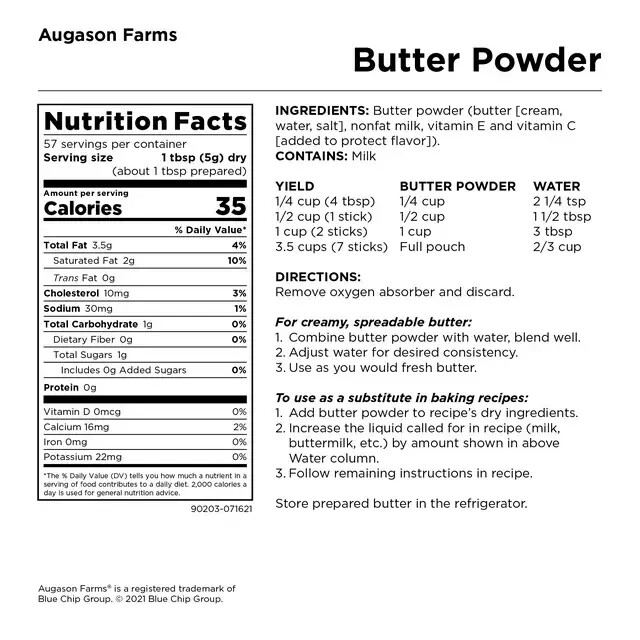 Augason Farms Dehydrated Butter Powder Resealable Pouch Food Storage 10 ...