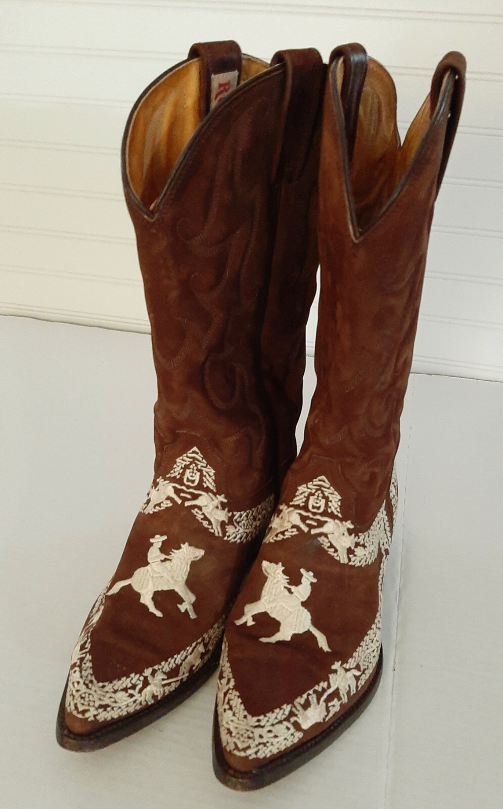 Vtg Brown Rudel Mens Leather Embroidered Cowboy Boots Western Horseman ...