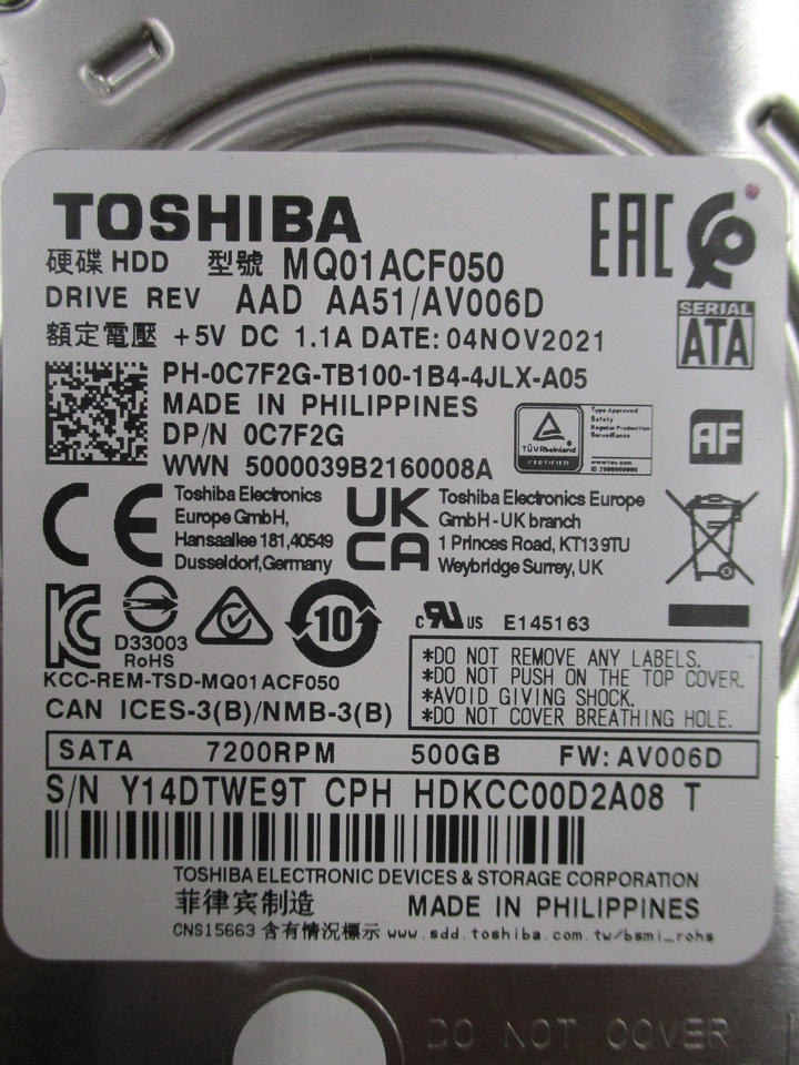 Toshiba MQ01ACF050 500GB 2.5" 7.2K RPM 6Gb/s 7MM SATA HDD Drive Dell P ...