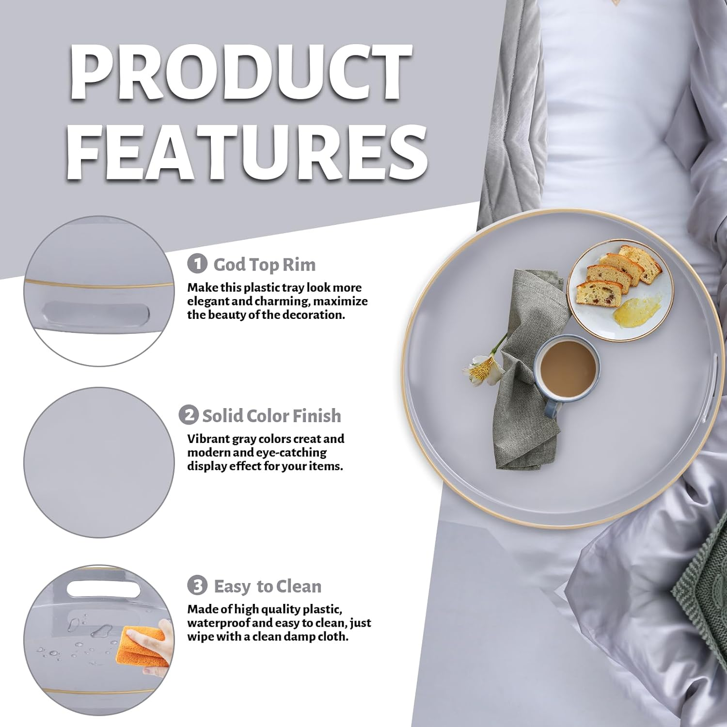 13" Gray round Tray, Grey Serving Tray with Handles, Modern round ...