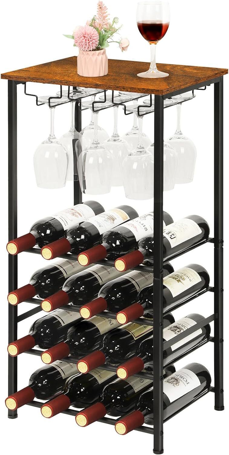Wine Rack Freestanding Wine Rack Table with Glass Holder 16 Bottle Wine ...