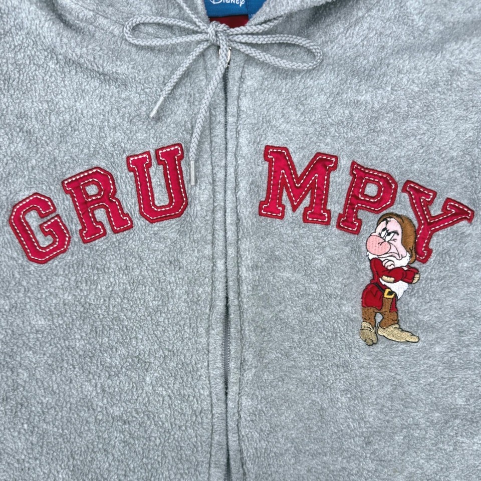 Grumpy Hoodie Adults M Gray Fleece Disney Full Zip Stitched Satin Split ...