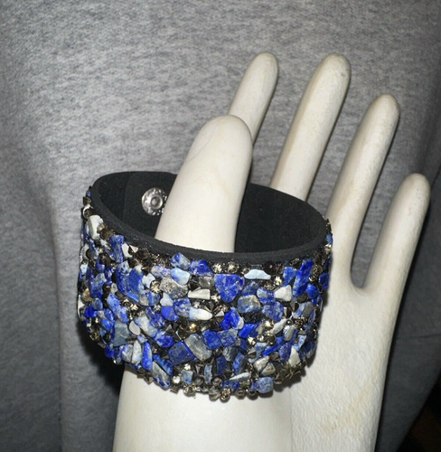J CREW Sapphire Blue Crackle Polished Rock Stone Wide Strap Bracelet ...