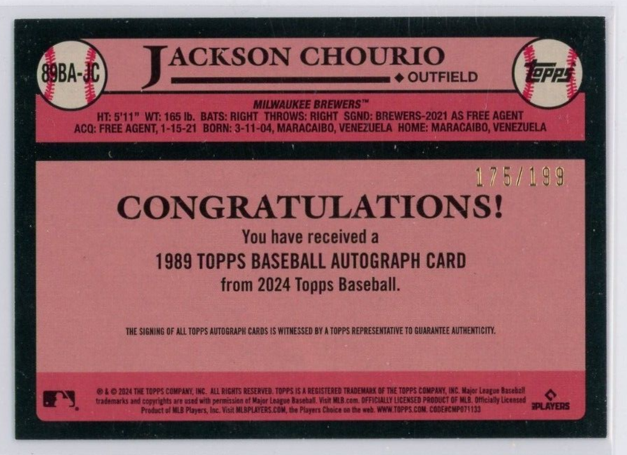 2024 TOPPS (89 TOPPS) #89BA-JC JACKSON CHOURIO (RC) BLACK BOARDER #175/ ...