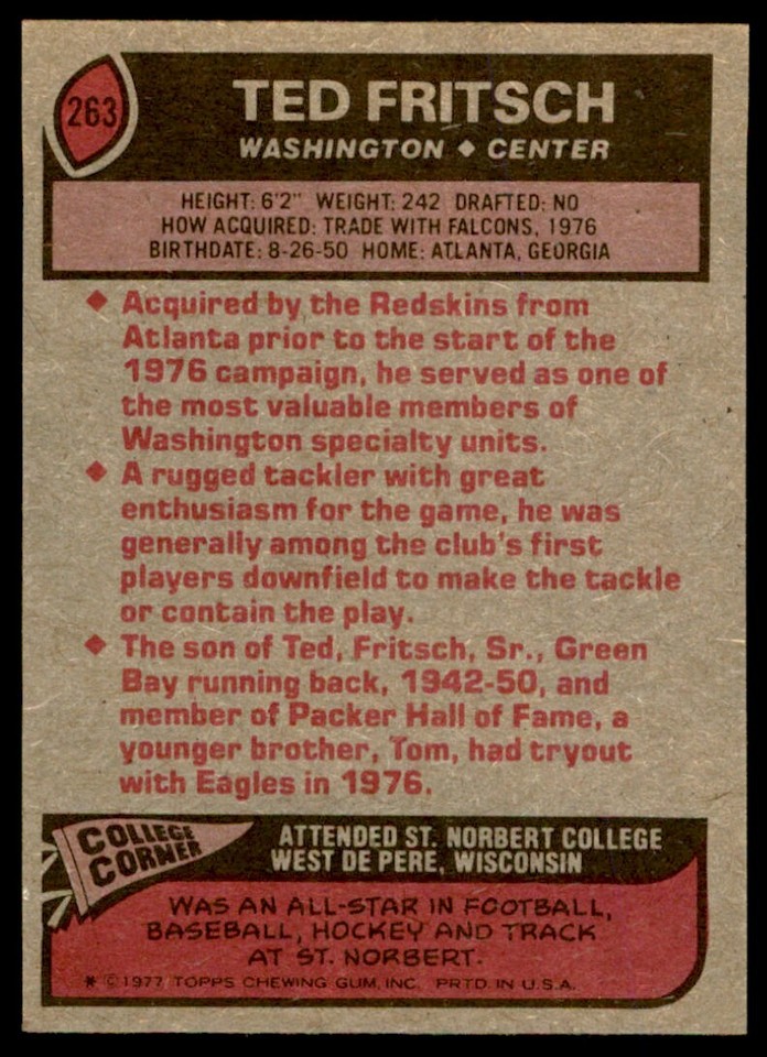 1977 Topps Ted Fritsch Jr. Washington Redskins #263 | eBay