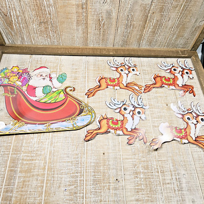 Beistle Christmas Die Cut Santa in Sleigh 4 Reindeer Vintage 1978 | eBay