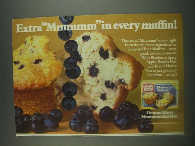 1985 Duncan Hines Blueberry Muffin Mix Ad - Extra Mmmmm in every muffin ...