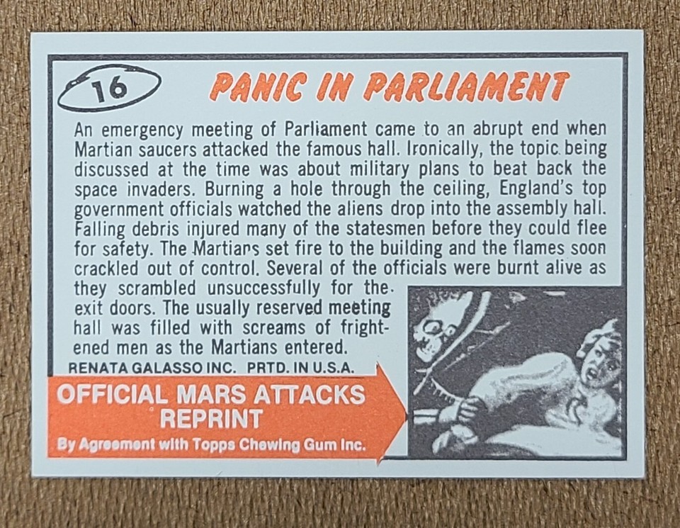 1984 Mars Attacks Card #16 Panic In Parliament - Topps Renata Galasso Reprint | eBay