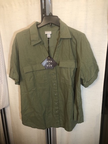 Ava & Viv Camp Shirt NWT Linen Blend Olive Green Button Front Short ...
