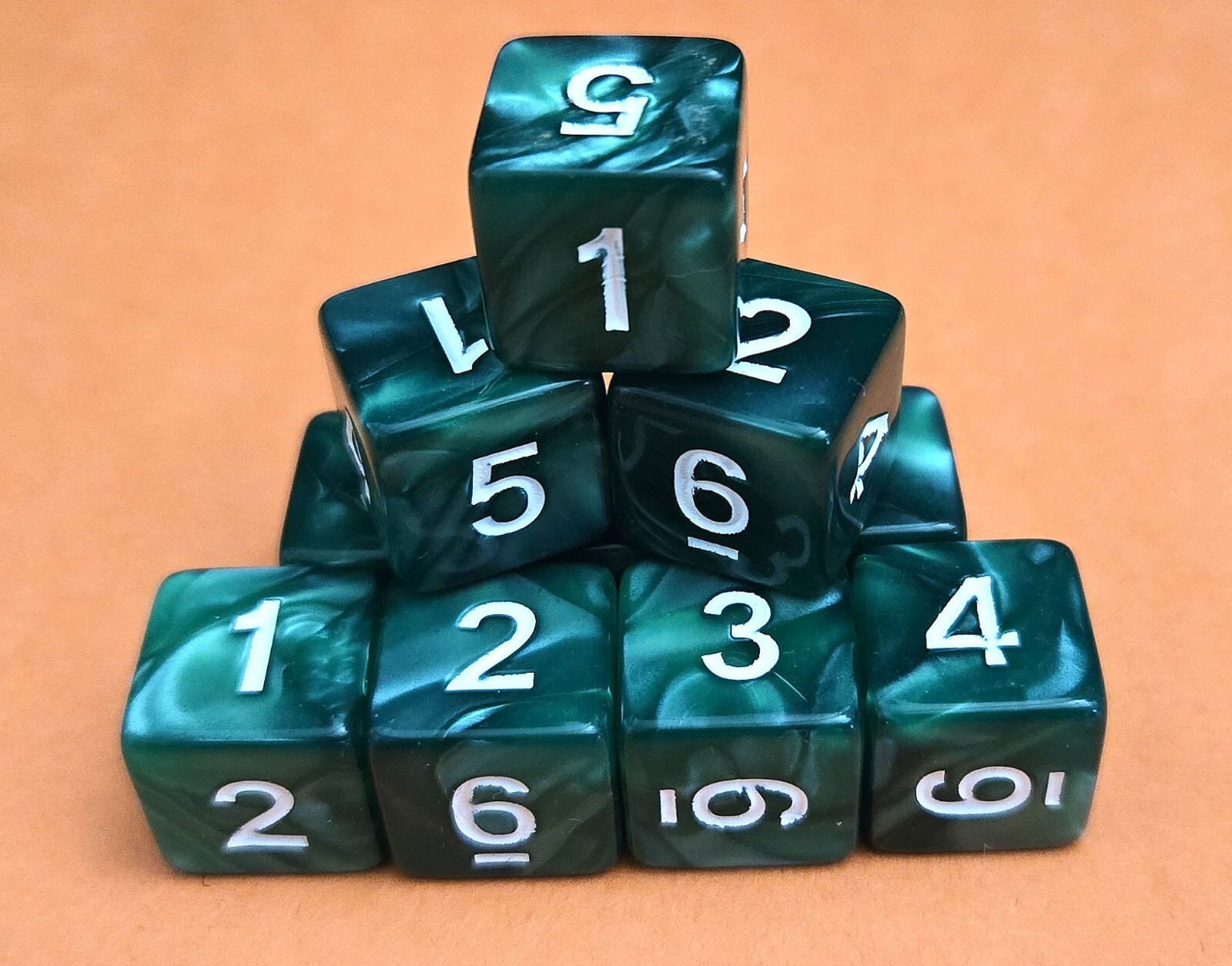 d6 DICE SET (10) 16mm - GREEN MARBLED/WHITE NUMBERED, WARHAMMER, D&D ...