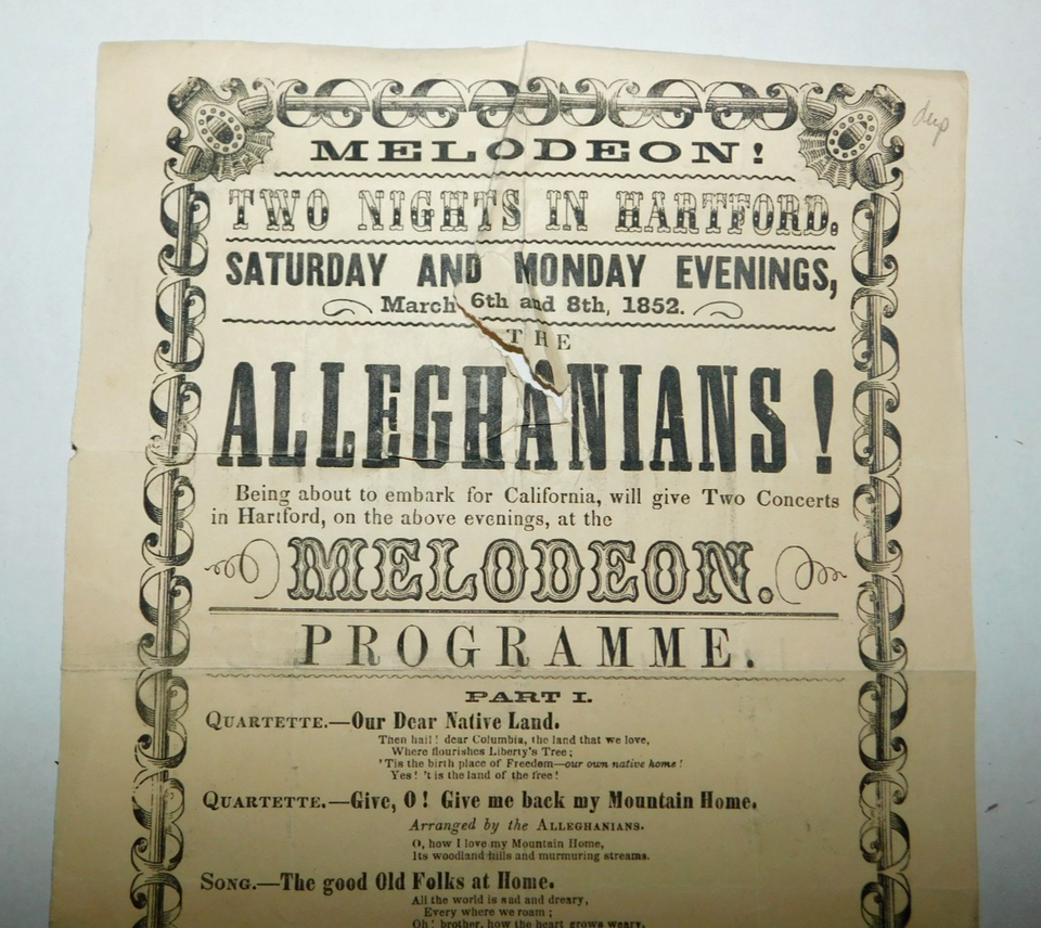 1852 Hartford Connecticut "The Alleghanians" Melodeon Theatre Program ...