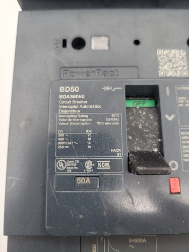 Square D BDA36050 PowerPact I-Line Circuit Breaker 50A 3P 600V Type ...