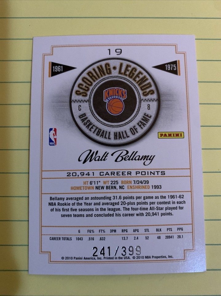 2009-10 PANINI HALL OF FAME WALT BELLAMY #19 - SN #241/399 - SCORING ...