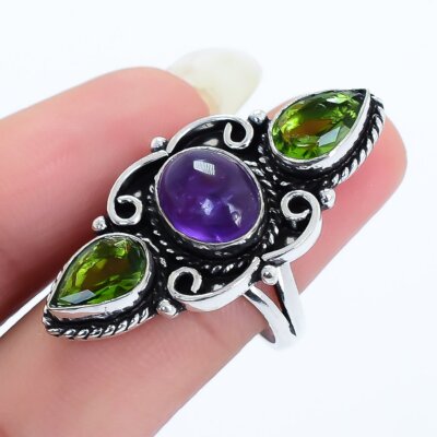 African Amethyst, Peridot Gemstone Silver Jewelry Ring Size 5.5 ...