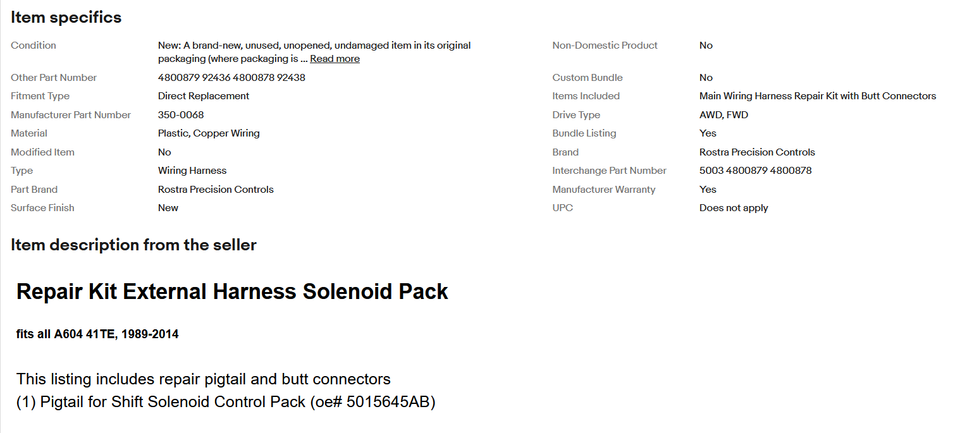 A604 41TE Transmission Solenoid Pack Wiring Harness Repair Kit Rostra ...