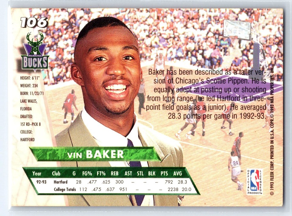 1993 Ultra #106 Vin Baker Milwaukee Bucks DRAFT PICK ROOKIE | eBay