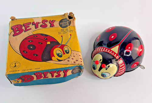 HAJI Betsy The Hungry Ladybug Bug Japan Vtg Tin toy Crumb Cleaner w/Box ...
