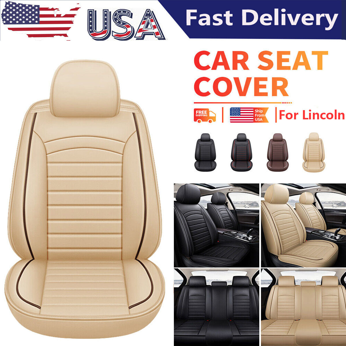 Car Seat Covers Deluxe Leather Full Set Front/Rear Cushions For Lincoln ...
