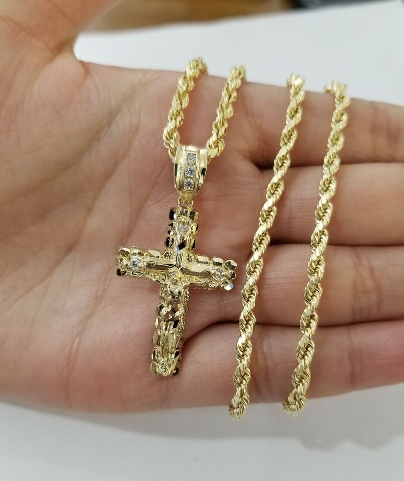 Real 10K Gold Rope Chain Necklace & Jesus Cross charm Pendant 3mm 16 ...
