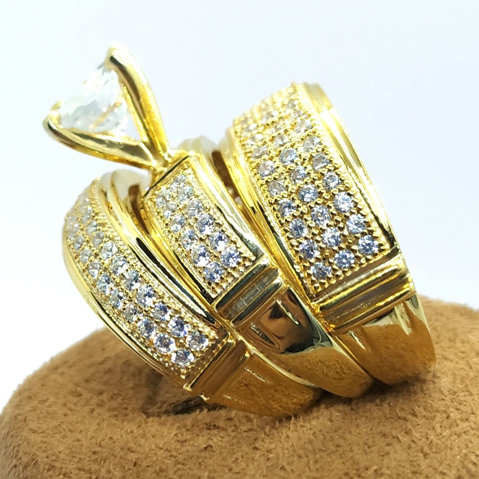 Sterling Silver Cubic Zirconia Trio His Her Bridal Set Engagement Ring ...