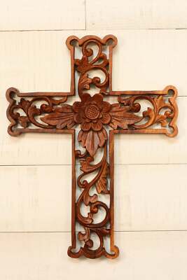 16" Wooden Hand Carved Flower Cross Wall Plaque Relief Panel Hanging ...