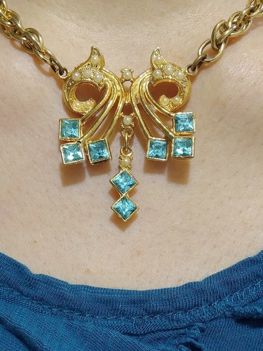 Glimmering vintage blue glass paste and goldtone necklace, midcentury ...