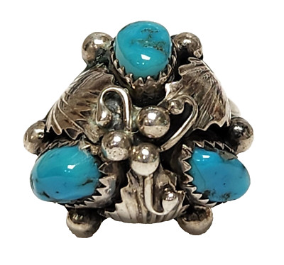 Native American Navajo 3 Stone Turquoise Sterling Silver Feather Ring ...