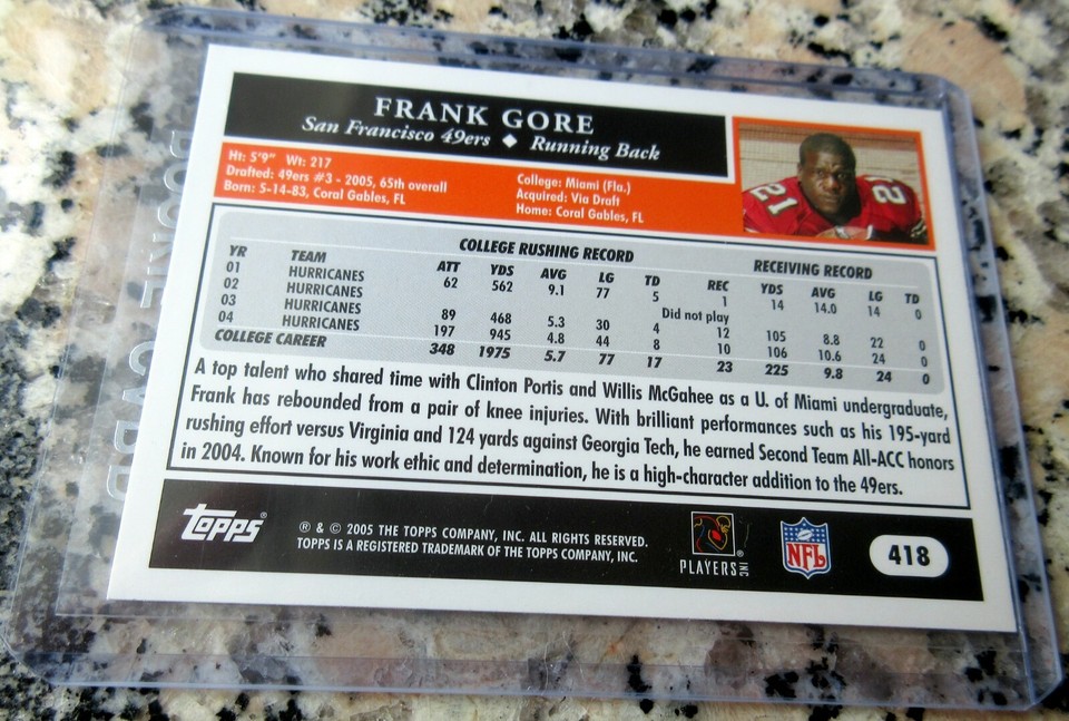 FRANK GORE 2005 Topps Rookie Card RC San Francisco 49ers Colts Bills ...