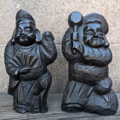 Japanese Jet Black Umoregi Wood Carved Statues of Daikoku & Ebisu Japan ...