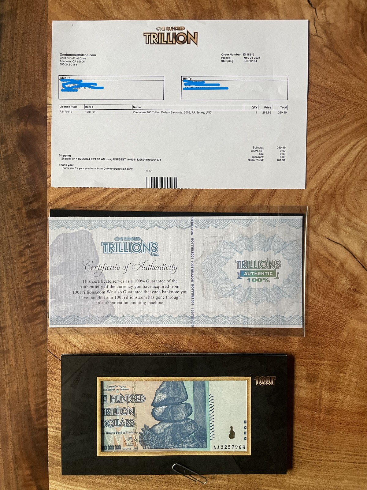 Zimbabwe 100 Trillion Banknote 1 Note AA/2008, P-91 UNC Cert. of ...