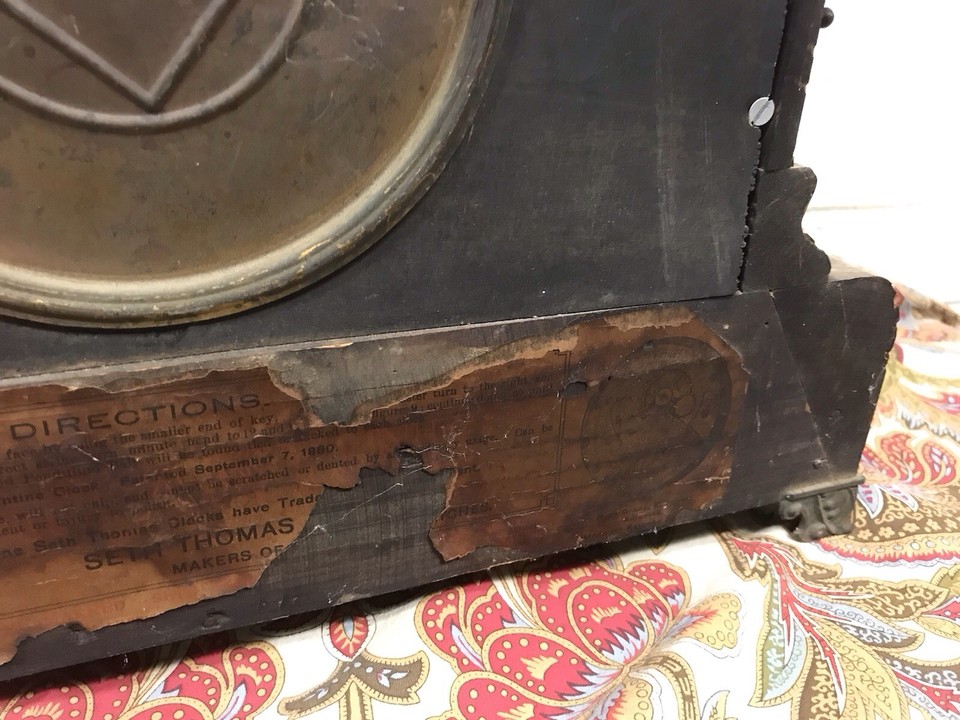 ANTIQUE VTG SETH THOMAS BURL WOOD VENEER MANTLE CLOCK BRASS ACCENTS W ...