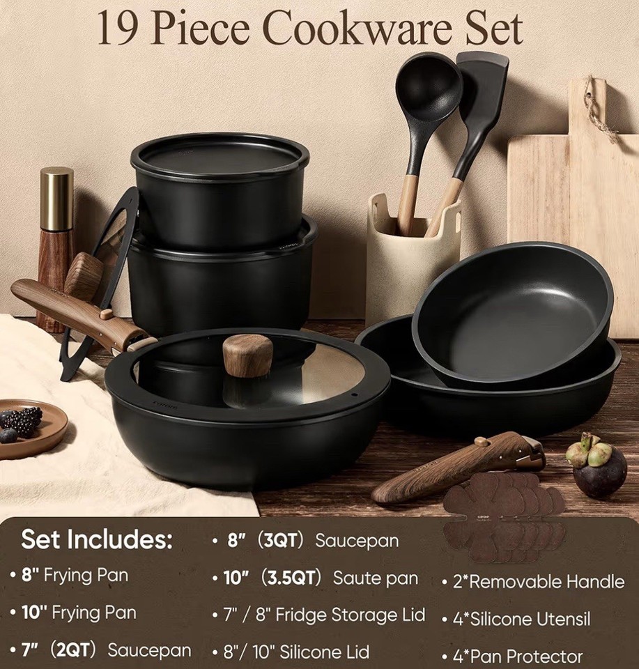 19pcs Nonstick Cookware Set With Detachable Handle And Dishwasher Safe ...