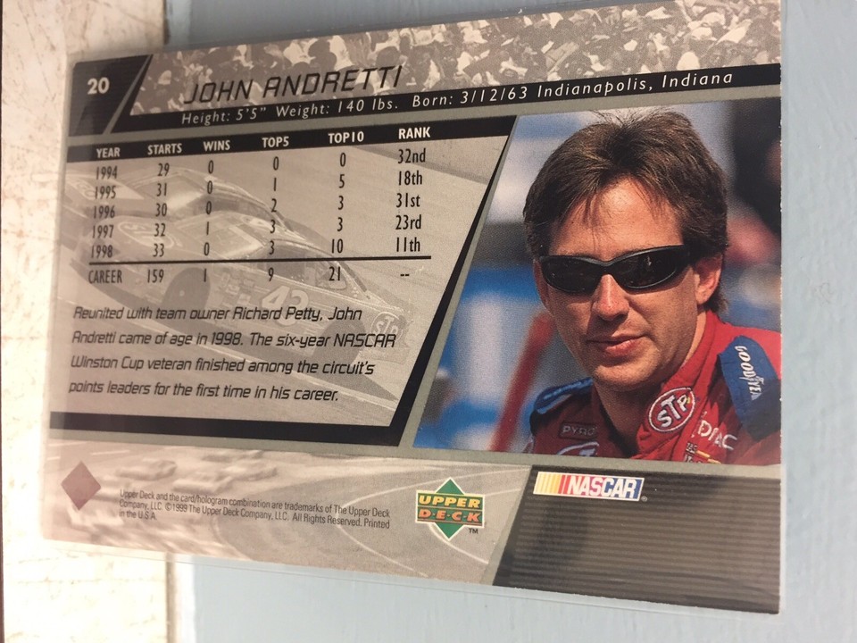1999 UPPER DECK JOHN ANDRETTI VICTORY CIRCLE CARD #20 NASCAR STP ...
