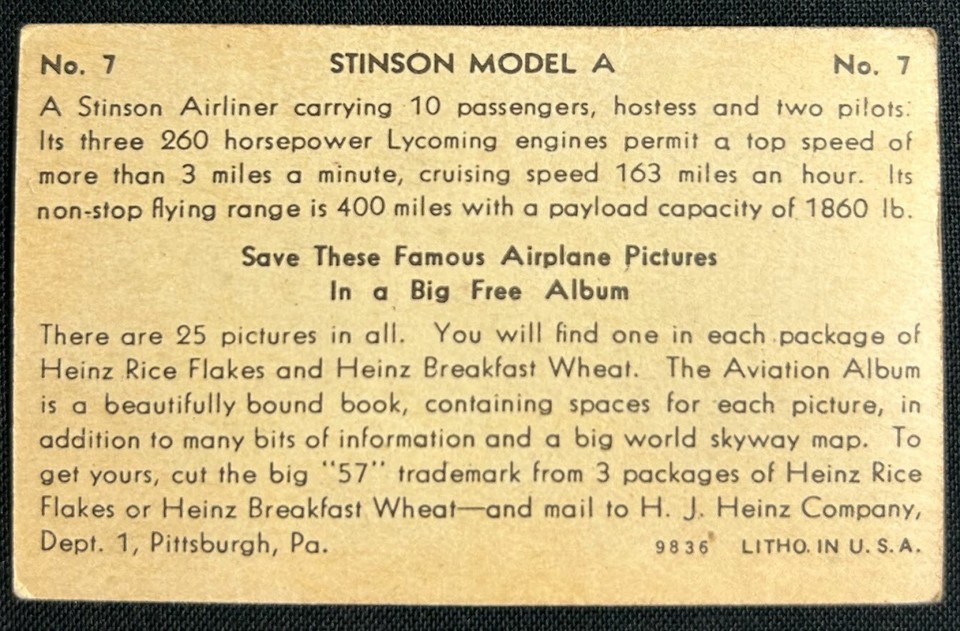 1936 Heinz Famous Airplanes F277-1 Stinson Model A #7 Date 9836 | eBay