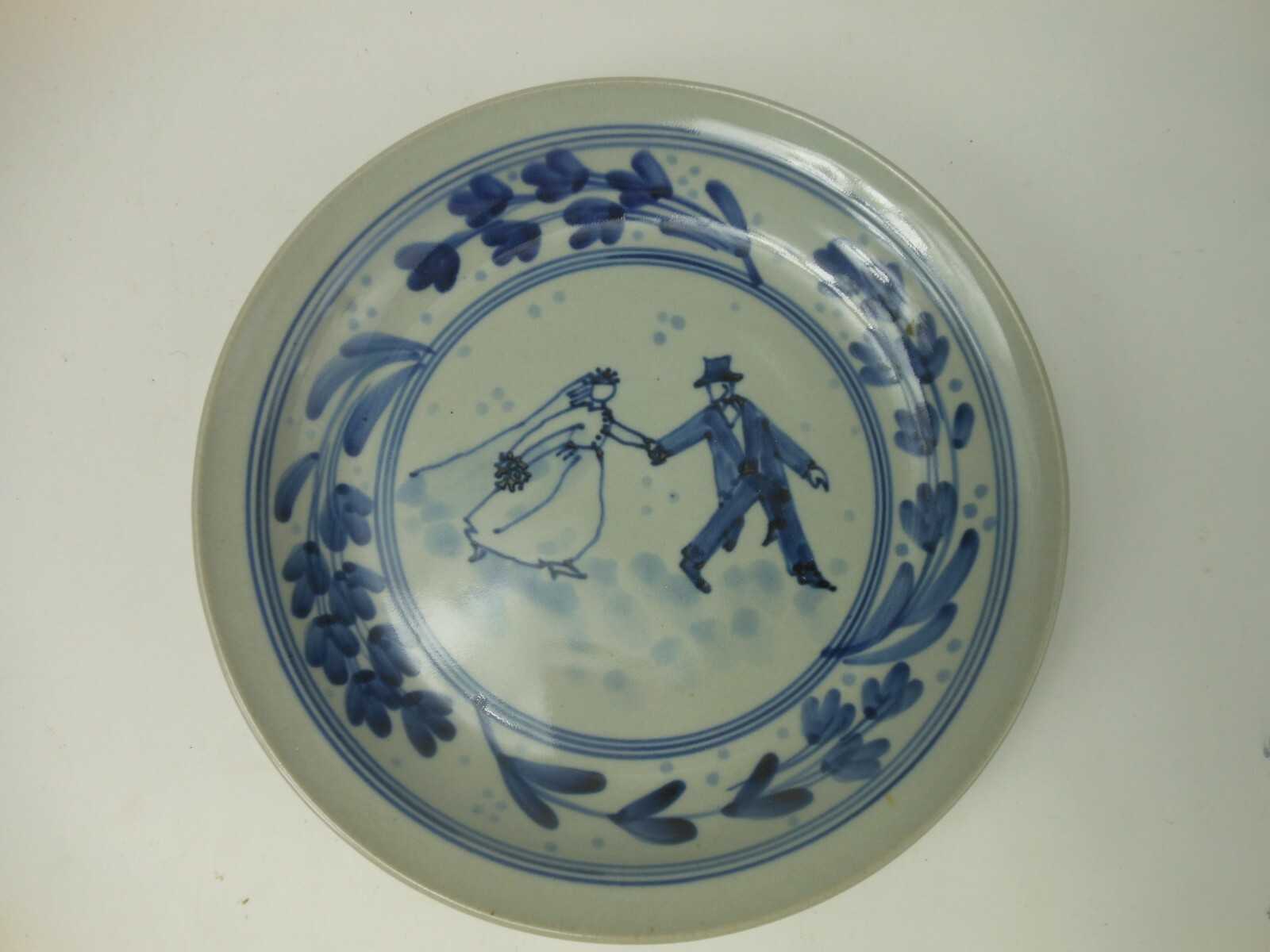 Wedding Couple Plate Blue and White Hand Decorated 9 3/4" Heavy Pottery ...