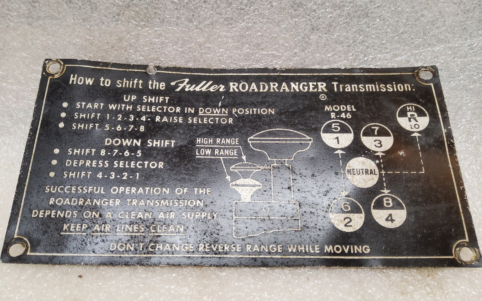 Fuller Roadranger R-46 Shift Pattern Aluminum Plate Tag | eBay