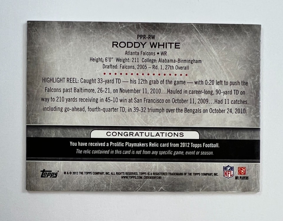 2012 Topps #PPR-RW Roddy White Memorabilia Relic Card FRA42 | eBay