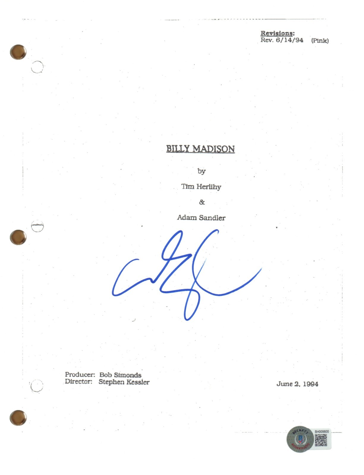 Adam Sandler Signed Autograph Billy Madison Movie Script Screenplay ...