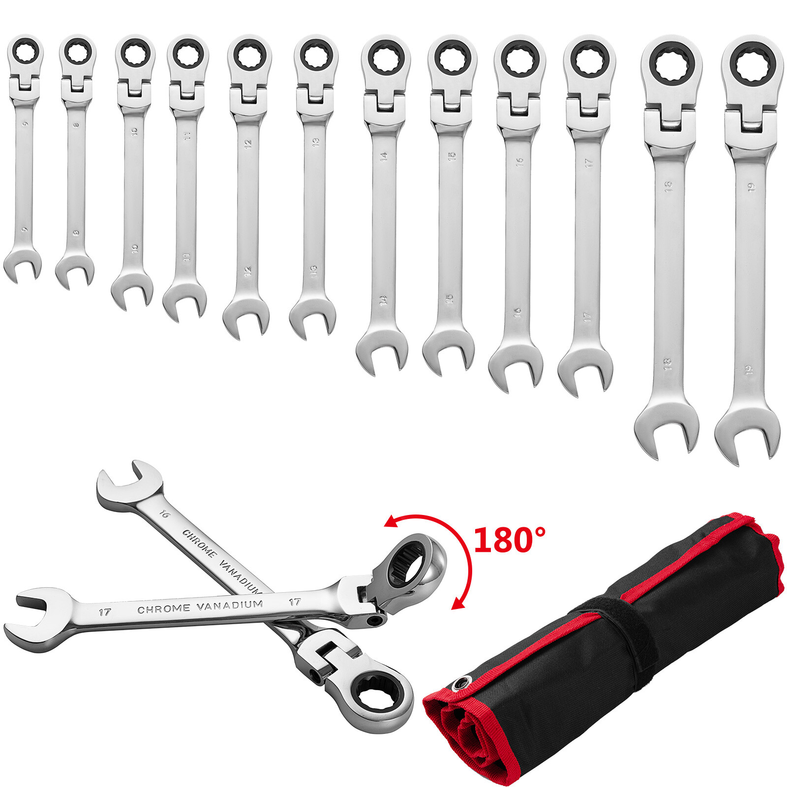 12Pc 8-19mm Ratcheting Wrench Combination Metric Flexible Head Spanner Tool Set | eBay